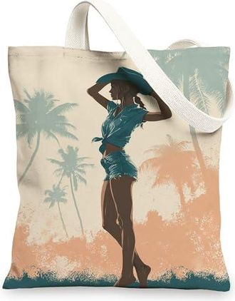 Generic Sacs à provisions en toile tropicale, élégants et réutilisables avec motif de palmier, sacs à provisions décontractés dété, légers, lavables, beige, 1