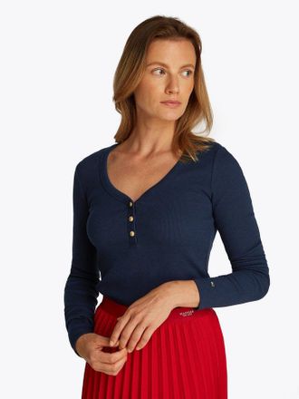 Tommy Hilfiger Langarmshirt SLIM HENLEY GB SCOOP-NK LS mit Rippenstruktur, mit Metalllabel