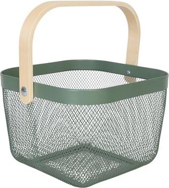 Relaxdays Aufbewahrungskorb, mit Henkel, Kleidung, Deko, Stahl & Holz, Utensilienkorb, HBT: 17,5x26x24,5 cm, Mint