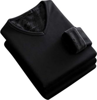Generic Sous-v&ecirc;tement thermique pour homme avec col en V noir, manches longues, sweat-shirt en molleton avec doublure en polaire, couche de base lourde avec i