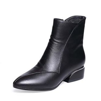 Generic Bottines &agrave; talons &eacute;pais en cuir pour femme avec fermeture &eacute;clair lat&eacute;rale, bottes tendance &agrave; bout pointu, bottines courtes r&eacute;tro &agrave; talon bas, Noir, 35