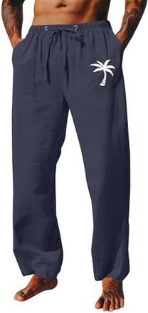 Generic Pantalon d&eacute;t&eacute; en lin respirant pour homme - Pantalon de plage blanc - Coupe ajust&eacute;e - Taille &eacute;lastique - Pantalon de jogging pour homme - Pantalon de 