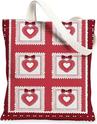 Generic Sacs fourre-tout en toile motif coeurs de Saint-Valentin, sacs d&eacute;picerie r&eacute;utilisables, l&eacute;gers et lavables avec bandouli&egrave;re, Rouge, 13x15 Inch