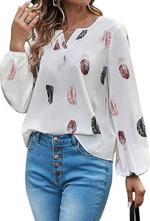 Onsoyours Chemisier Femme Manches Longues Col V Blouse Imprimé Plumes Haut Tunique Top Plage Casual Élégant Chic Chemise T Shirt A Blanc L