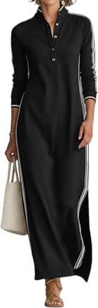 Generic Robe longue &agrave; manches longues pour femme avec col boutonn&eacute; blanc, Noir, XXL