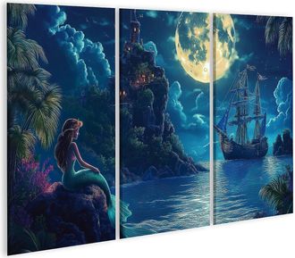 Islandburner Bild auf Leinwand Mondlicht Meerjungfrau und Segelschiff bei Nacht f&uuml;r Schlafzimmer Romantiker Wellness-Spa Bilder Wandbilder Poster