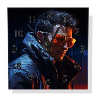 Wallario Design-Wanduhr Ernster Typ mit Sonnenbrille aus Glas, Motiv-Uhr Größe 30 x 30 cm, Schwarze Zeiger