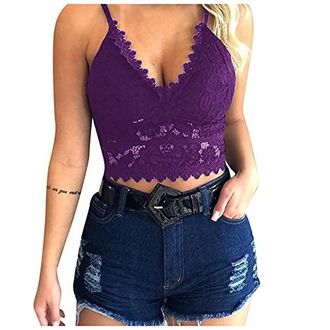 Generic D&eacute;bardeur en dentelle avec soutien-gorge int&eacute;gr&eacute; - Pour femme - Sexy - Col en V - Spaghetti - Coupe ajust&eacute;e - Respirant - Sans manches - Avec bretelle