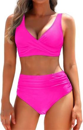 Generic Lot de 10 maillots de bain 2 pi&egrave;ces pour femme avec taille haute et couverture compl&egrave;te, Rose, XXL