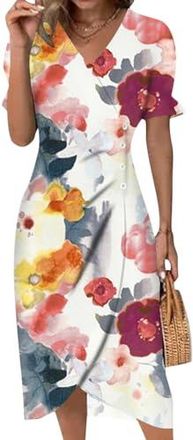 Onsoyours Robes Femme Tunique Cocktail DÉté Manches Courtes Chemisier Chic Élégante Décontractée Boutonné Blouse Sexy Col en V Robe De Plage Ourlet Irrégulier 0