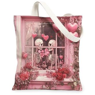 Generic Sac fourre-tout r&eacute;utilisable en toile pour la Saint-Valentin, pour faire du shopping, 33 x 38,1 cm, motif squelette rose, t&ecirc;te de mort, couple, sac d&eacute;