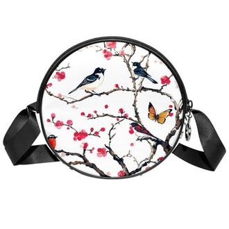 Generic Sac &agrave; bandouli&egrave;re rond pour femme, motif fleurs rouges, oiseaux, petit sac &agrave; bandouli&egrave;re avec fermeture &eacute;clair, bretelles r&eacute;glables, sac &agrave; main rond d