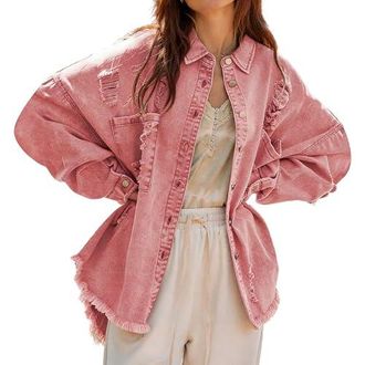 Generic Veste en jean d&eacute;chir&eacute;e pour femme avec trous us&eacute;s et ourlet brut &agrave; manches longues, rose rouge, XL