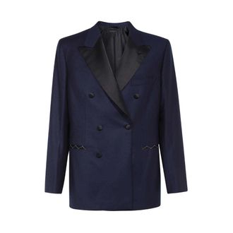 Brioni Doppelreihiger Wollmantel mit Satinrevers - - Jackets - Herren - Blau - XL
