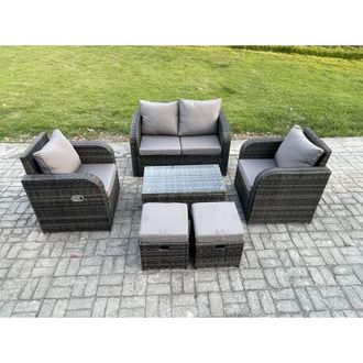 Fimous Wicker pe Rattan Outdoor Möbel Set Garten Liebe Sofa Couchtisch 2 Sessel 2 Kleine Hocker Dunkelgrau Gemischt - Fimous