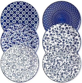 VANCASSO S&eacute;rie SELENE Lot de 6 Assiettes Plates 26cm, Assiettes &agrave; D&icirc;ner en Porcelaine Bleu et Blanc, Style Chinois, Passe au Micro-ondes, Four, Lave-vaisselle