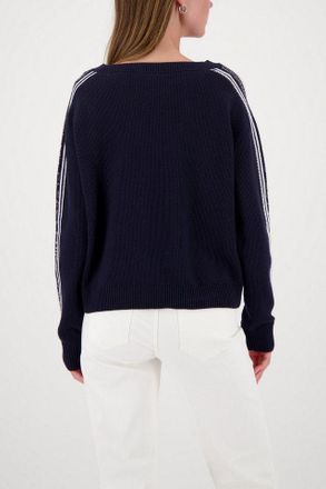 Monari Strickpullover Regular Fit, Streifendetails, Strasssteinschriftzug