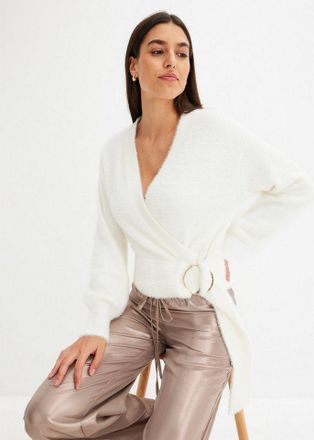 Bonprix Wickelpullover mit dekorativer Schnalle, V-Ausschnitt, schmale Passform