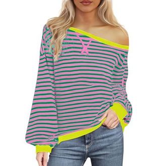 Generic Sweats surdimensionnés pour femmes Y2K classiques rayés étoiles manches longues col rond pull tops décontracté ample sans capuche, Z06-violet, XXL