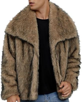 Generic Manteau dhiver chaud en fausse fourrure pour homme avec col à revers - Veste rembourrée douce et ouverte - Confortable - Solide - Manches longues, dor