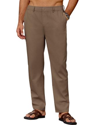 Coofandy Herren Hose Lang Leichte Sommerhose Leinenhose Freizeithose Strandhose Einfarbig Herrenhosen mit Taschen Elastischer Bund Braun XL