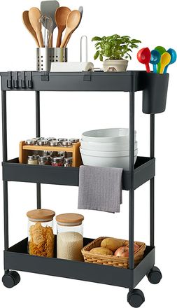 Relaxdays Rollwagen, 3 Etagen, Servierwagen, K&uuml;chenwagen Bad & B&uuml;ro, Rollregal, HBT: 62,5x40x22 cm, Bastelwagen, schwarz