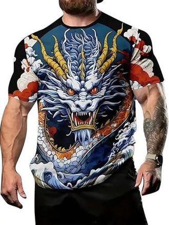 Keephen T-Shirt imprimé en 3D Dragon Chinois pour Hommes Été Hip Hop Streetwear Col Rond T-Shirts à Manches Courtes