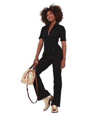 Joe Browns Zip Front Sustainable Stretch Denim Straight Leg Jumpsuit Combinaison &agrave; Jambe Droite, Noir, 38 Femme