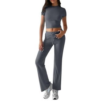 Generic Ensemble de sport 2 pi&egrave;ces pour femme - Pull d&eacute;contract&eacute; &agrave; manches courtes - Pantalon large - Costume d&eacute;contract&eacute; pour femme - Surv&ecirc;tement de loisirs 