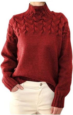 Generic Pull en tricot &agrave; col roul&eacute; pour femme, pull d&eacute;contract&eacute; chaud &agrave; manches longues, pulls &agrave; col roul&eacute; pour femme, Rouge, 4XL