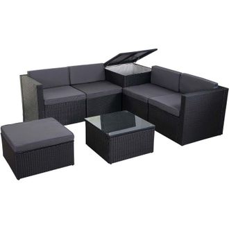 Hhg Poly-Rattan-Garnitur HHG 609, Balkon-/Garten-/Lounge-Set Sofa Sitzgruppe, Box Staufach anthrazit, Kissen dunkelgrau