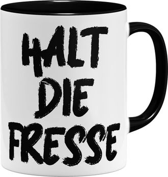 OM3 lustige Tasse mit Spruch - Halt die Fresse - Statement | Keramik Becher | 325ml | Beidseitig Bedruckt | Schwarz