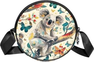 Generic Sac &agrave; bandouli&egrave;re rond pour femme, motif feuilles de koalas, petit sac &agrave; bandouli&egrave;re avec fermeture &eacute;clair, bretelles r&eacute;glables, sac &agrave; main rond d&eacute;con
