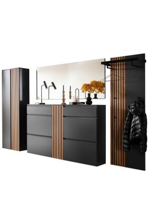 Moderano Garderobe, Anthrazit, Nussbaum, Holz, Holzwerkstoff, 4-teilig, Kernnussbaum, furniert, 310x200x30 cm, Garderobe, Garderoben-Sets & Serien, Garderoben-