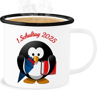 Shirtracer Emaille Becher Blechbecher - Einschulung Geschenk Tasse Schulanfang - 1. Schultag 2025 Pinguin Schultüte Buch - 300 ml - Weiß Schwarz - schulanfangsge