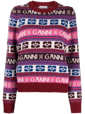 Ganni pull en maille intarsia à col rond - Violet
