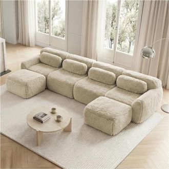 Generic Modernes 2-Sitzer-Sofa, modulares Sofa, rutschfeste Basis, mit 2 Kissen, extra breite ergonomische Armlehnen,for Lesen und Arbeiten(Caqui Claro+Peluch
