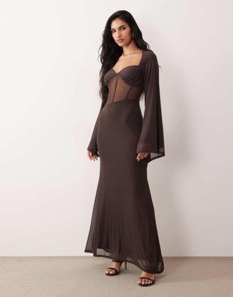 Asos Netzstoff-Maxikleid in Schokobraun mit Korsettdetail und ausgestellten &Auml;rmeln-Brown