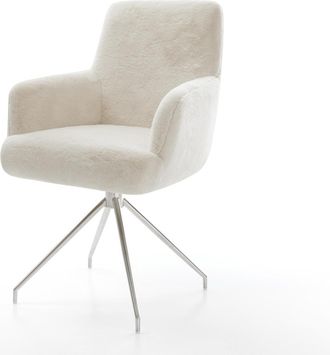 DELIFE Esszimmerstuhl Heira-Flex mit Armlehnen Plüsch Creme-Weiß Kreuzgestell konisch Edelstahl Taschenfederkern, Esszimmerstühle