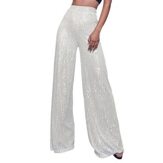 Generic Pantalon palazzo &agrave; paillettes taille haute et jambes larges pour femme, pour f&ecirc;te, discoth&egrave;que, f&ecirc;te, pantalon &eacute;vas&eacute;, Blanc clair., 5XL