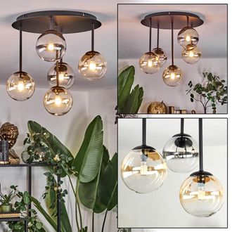 HOFSTEIN Deckenleuchte Chehalis, 5-flammige Deckenlampe aus Metall/Glas in Schwarz/Bernstein/Rauch/Klar, Leuchte im Vintage-Design (Schirme &Oslash; 12 cm), G9, Esszi