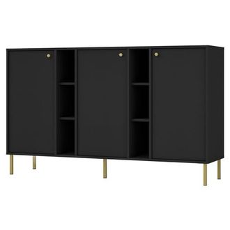 Selsey Oktio Kommode Schwarz-Graphit 95x157,7x40,8 cm - Elegantes Design mit Goldenen Metallf&uuml;&szlig;en - 3 T&uuml;ren, 6 offene F&auml;cher f&uuml;r Stauraum - Laminierte Spanpl