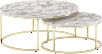 Beauty.Scouts Couchtisch 2er Set rund Weiß Marmor Optik/Metall Gold 80x80x36cm & 60x60x26cm Couchtisch Kaffeetisch Wohnzimmer große Ablage Holztischplatte modern