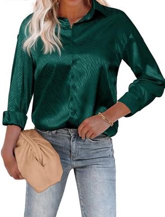 Beyove Chemisier Femme Satin Soie Col V Chemises Élégantes Manches Longues Hauts Business avec Boutons Lâche Motif Vert Foncé Taille M