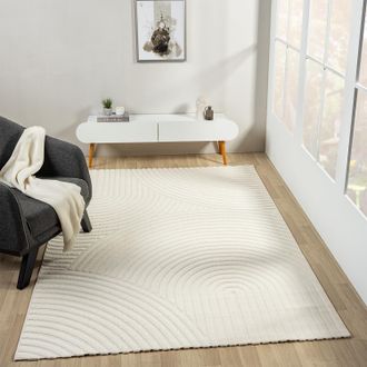 Vimoda Moderner Kurzflor Teppich Wohnzimmer Schlafzimmer Skandinavisch in Creme, Farbe:Wellen, Maße:Ø 160 cm Rund