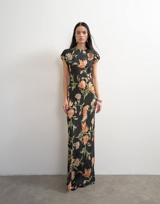 Topshop Satin-Jacquard-Maxikleid mit Puff&auml;rmeln und Blumenmuster auf schwarzem Grund-Multi