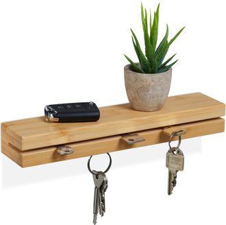 Relaxdays Schl&uuml;sselbrett, magnetischer Schl&uuml;sselhalter mit Ablage, Bambus, B: 29,5 cm, Schl&uuml;sselaufbewahrung Wand, Natur