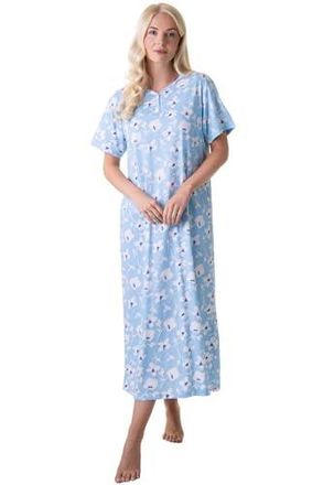 Camille Nuisette pour Femme 100% Coton Bio - Chemise de Nuit Longue en Coton l&eacute;ger &agrave; Motif Floral Coupe d&eacute;contract&eacute;e Style Maxi avec Manches Courtes, Bleu Cla
