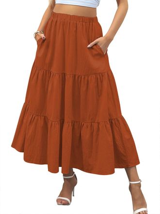 Zeagoo Damen Rock Elegant Sommer Langrock Casual A-Line Hohe Taille Maxirock Elastische Freizeitrock Einfarbig R&ouml;cke mit Taschen Orange XXL