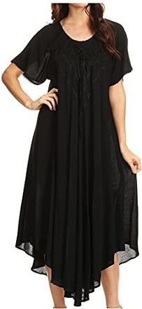 Sakkas 1701 - Lilia brodé Lace Up Corsage Relaxed Fit Maxi Sun Dress - Black - OS